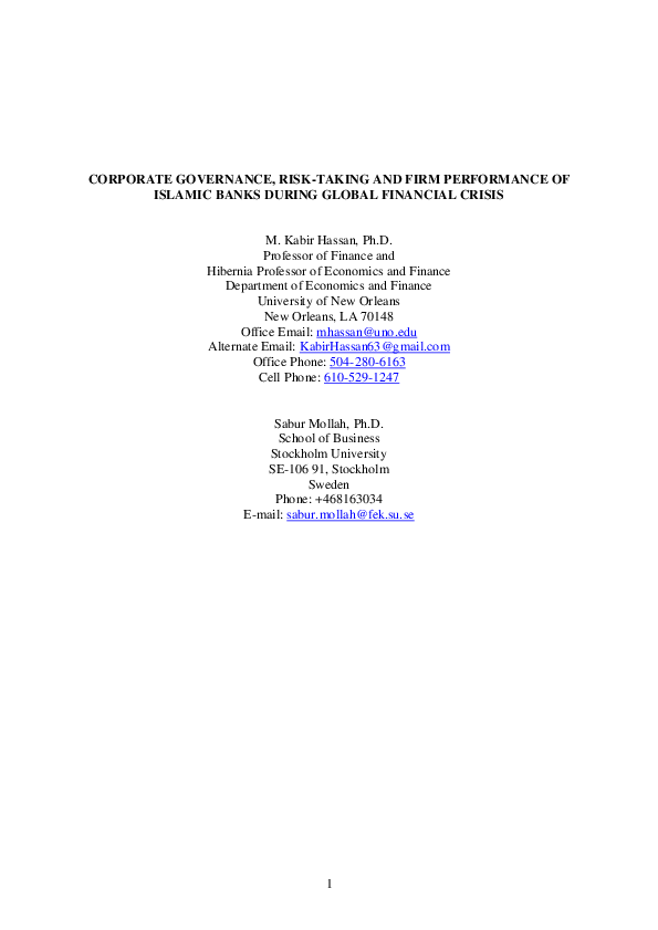 (PDF) Corporate Governance, Risk-taking and Firm Performance of Islamic Banks during Global ...