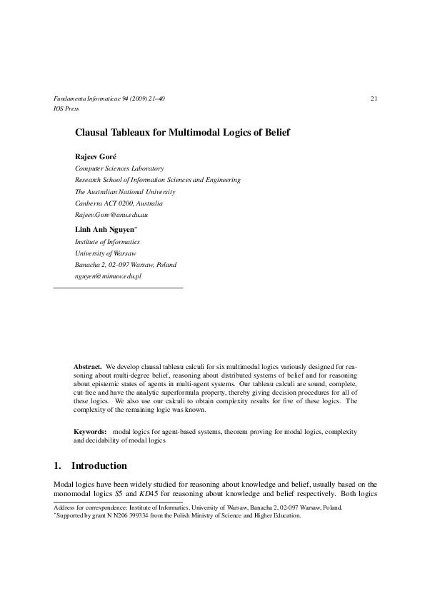 (PDF) Clausal Tableaux for Multimodal Logics of Belief