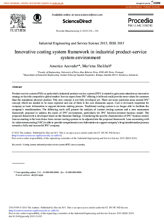 Pdf Costing Framework For Industrial Product Service Systems
