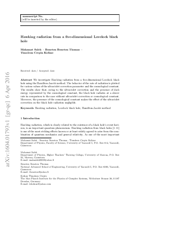 (PDF) Hawking radiation from a five-dimensional Lovelock black hole