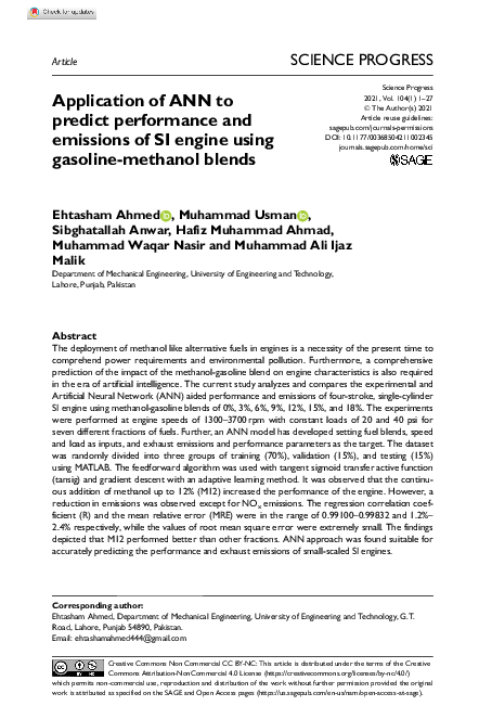 (PDF) Application of ANN to predict performance and emissions of SI engine using gasoline ...