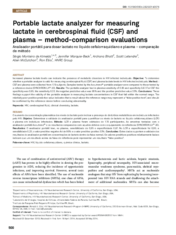 Portable lactate analyzer for measuring lactate in cerebrospinal fluid ...