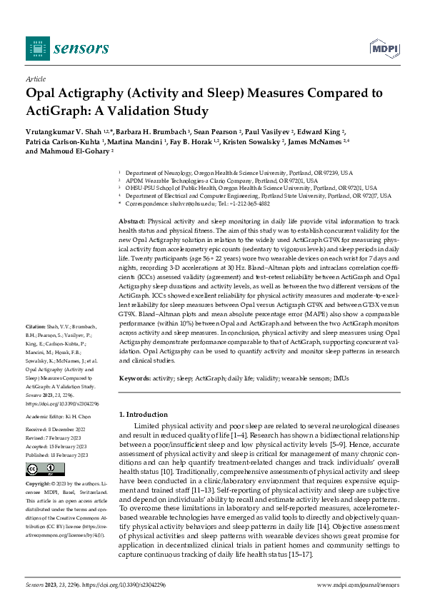 (PDF) Opal Actigraphy (Activity and Sleep) Measures Compared to ...