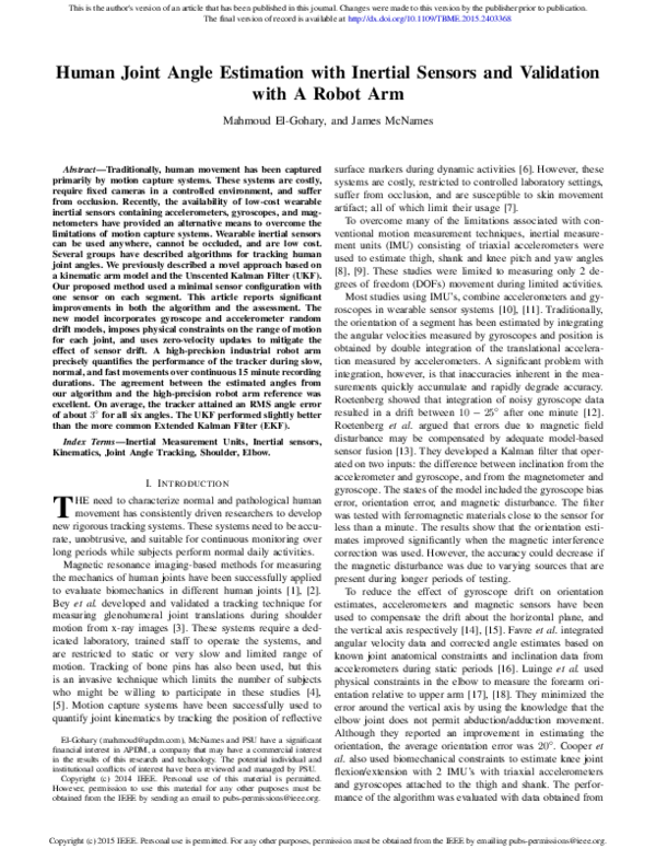 Pdf Human Joint Angle Estimation With Inertial Sensors And Validation With A Robot Arm 2634