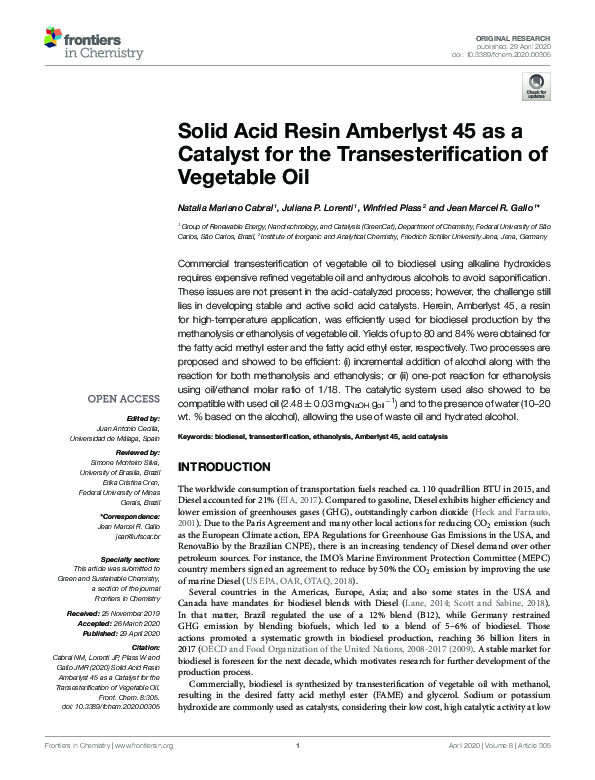 (PDF) Solid Acid Resin Amberlyst 45 as a Catalyst for the ...