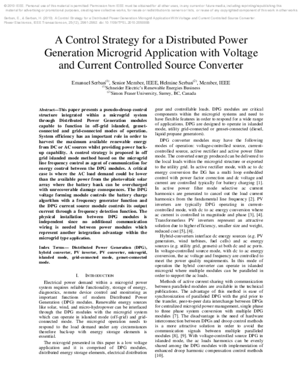 (PDF) A Control Strategy for a Distributed Power Generation Microgrid Application With Voltage ...