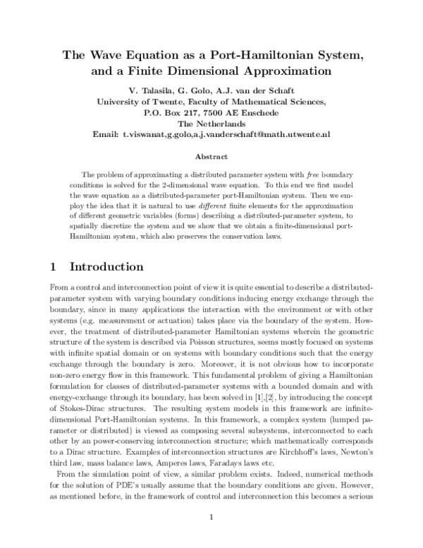 (PDF) The wave equation as a port-Hamiltonian system and a finite-dimensional approximation