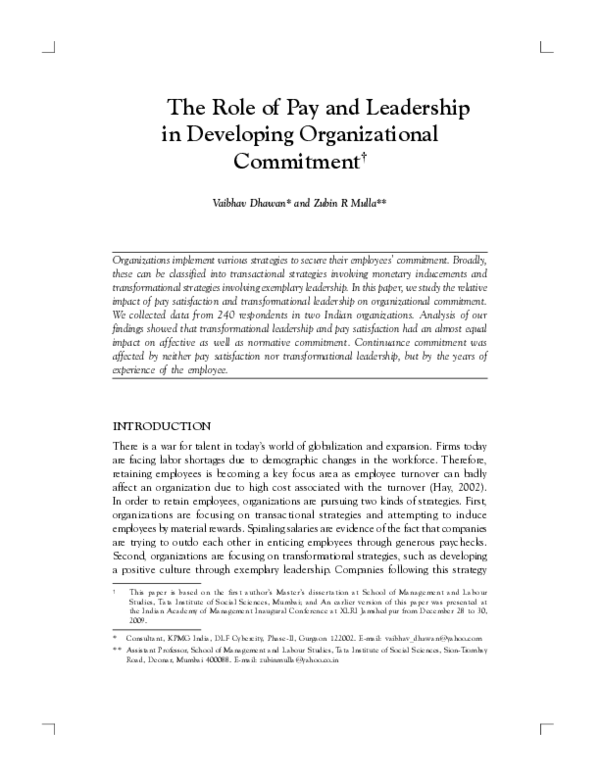 (PDF) The Role of Pay and Leadership in Developing Organizational ...