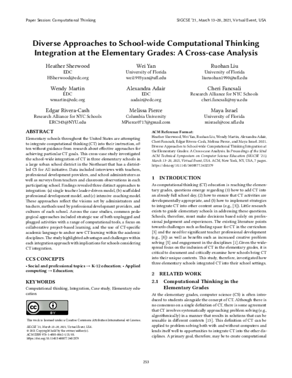 Pdf Diverse Approaches To School Wide Computational Thinking Integration At The Elementary