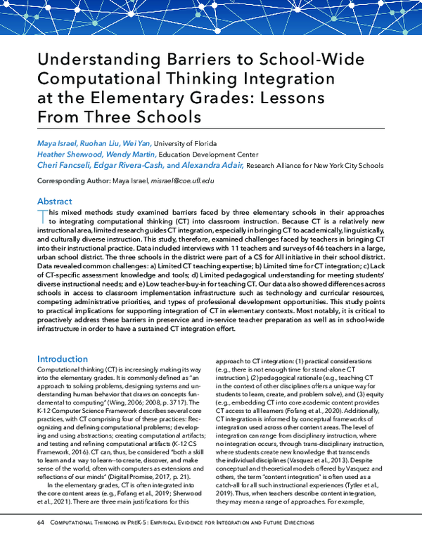 (PDF) Understanding barriers to school-wide computational thinking integration at the elementary ...