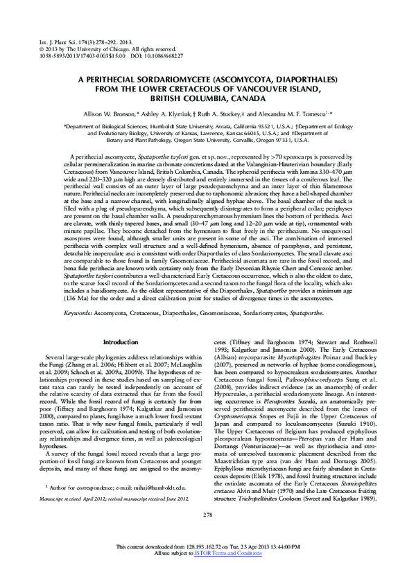 (PDF) A Perithecial Sordariomycete (Ascomycota, Diaporthales) from the ...