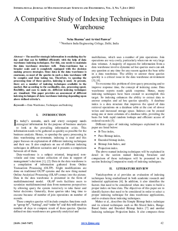 (PDF) A Comparitive Study of Indexing Techniques in Data Warehouse