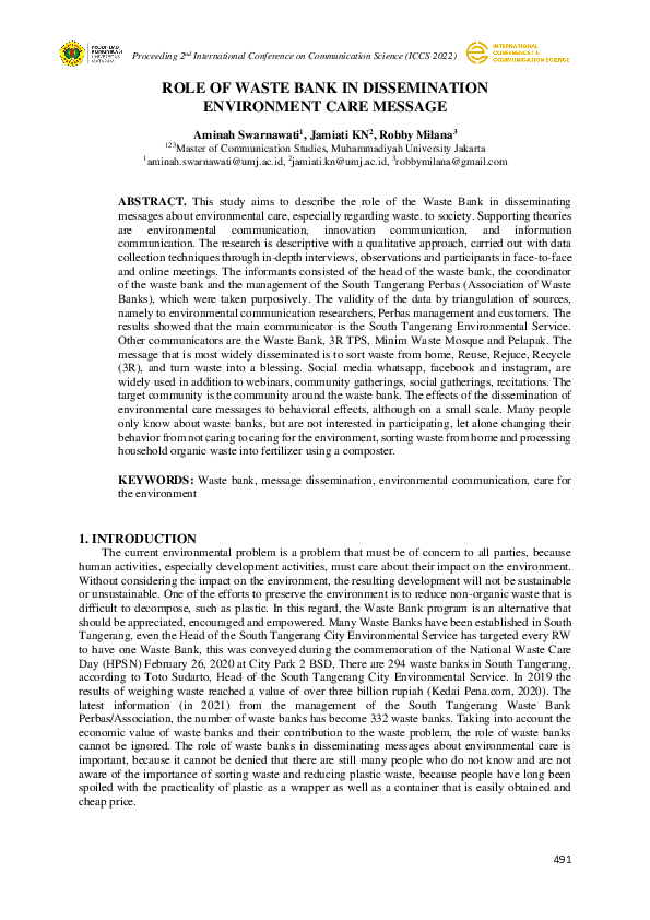 (PDF) Role of Waste Bank in Dissemination Environment Care Message