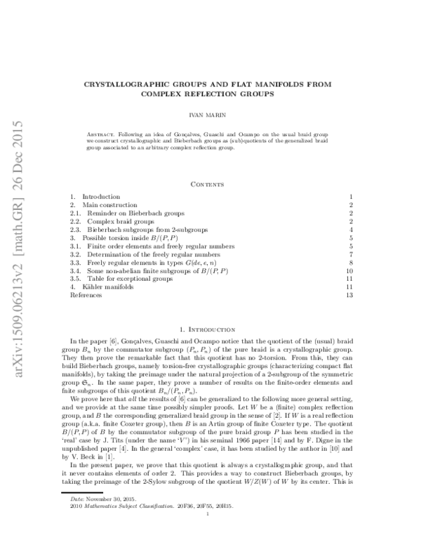 (PDF) Crystallographic groups and flat manifolds from complex reflection groups