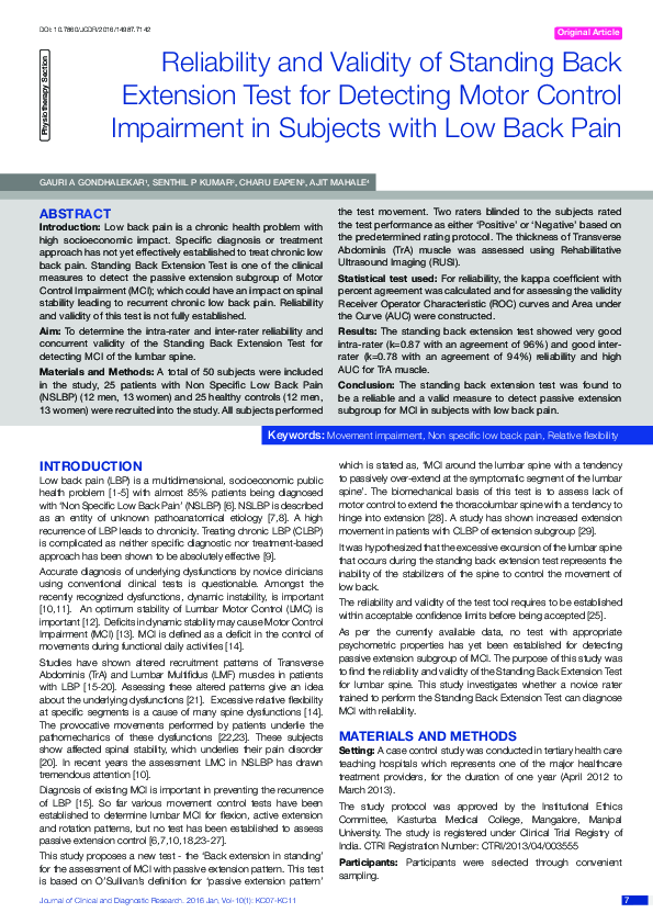 (PDF) Reliability and Validity of Standing Back Extension Test for ...
