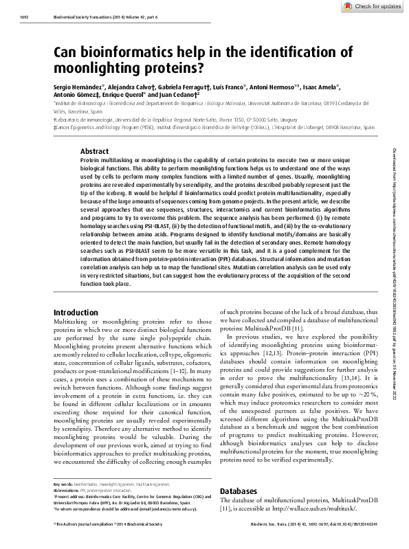 (PDF) Can bioinformatics help in the identification of moonlighting proteins?