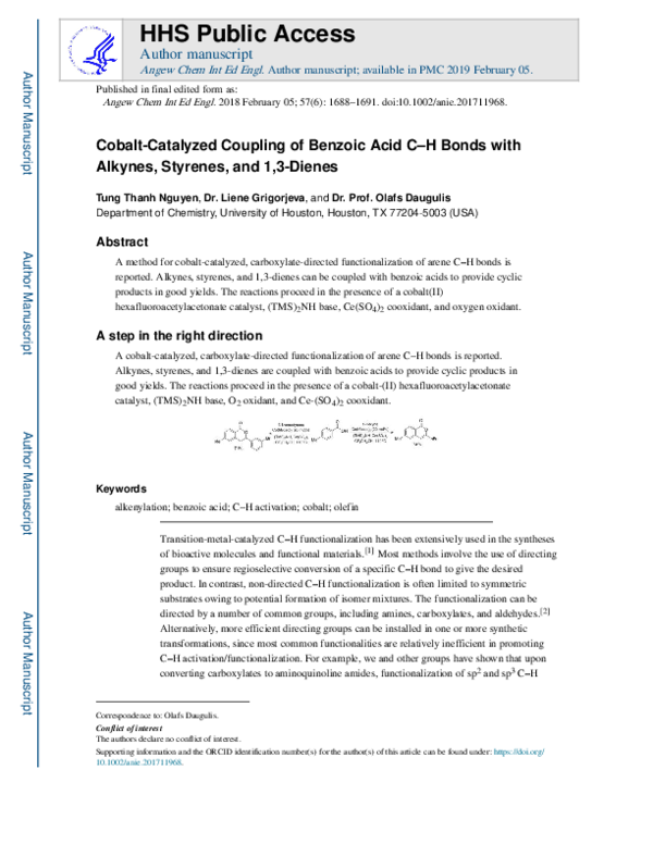 (PDF) Cobalt-Catalyzed Coupling of Benzoic Acid C-H Bonds with Alkynes, Styrenes, and 1,3-Dienes