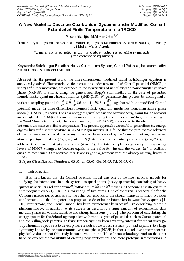 (PDF) A New Model to Describe Quarkonium Systems under Modified Cornell ...