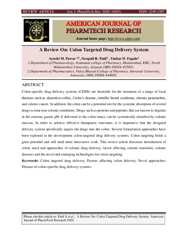 (PDF) A Review On: Colon Targeted Drug Delivery System