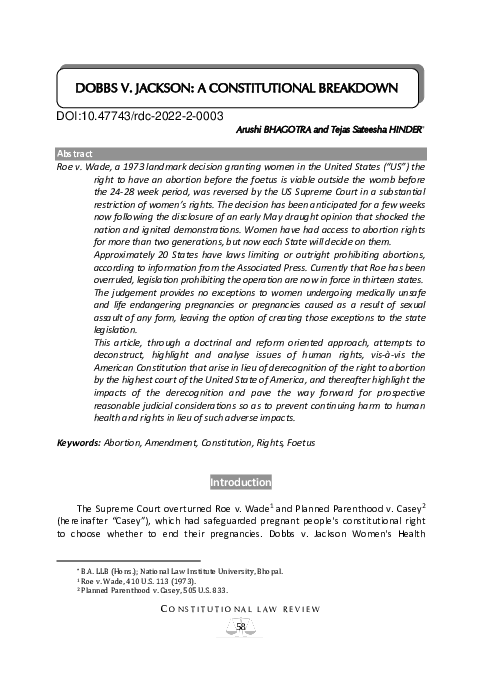 (PDF) Dobbs V. Jackson: A Constitutional Breakdown