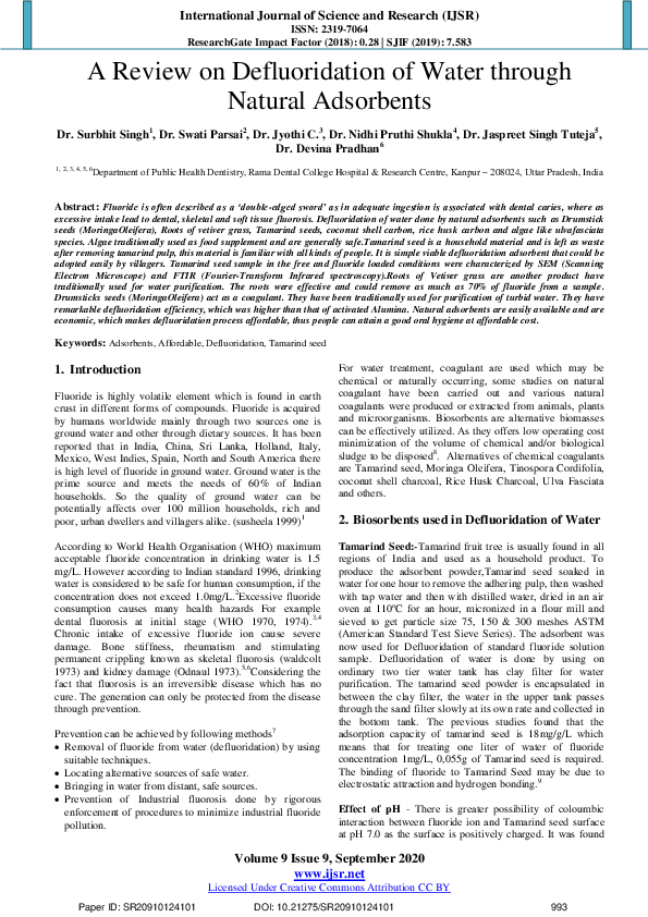(PDF) A Review on Defluoridation of Water through Natural Adsorbents