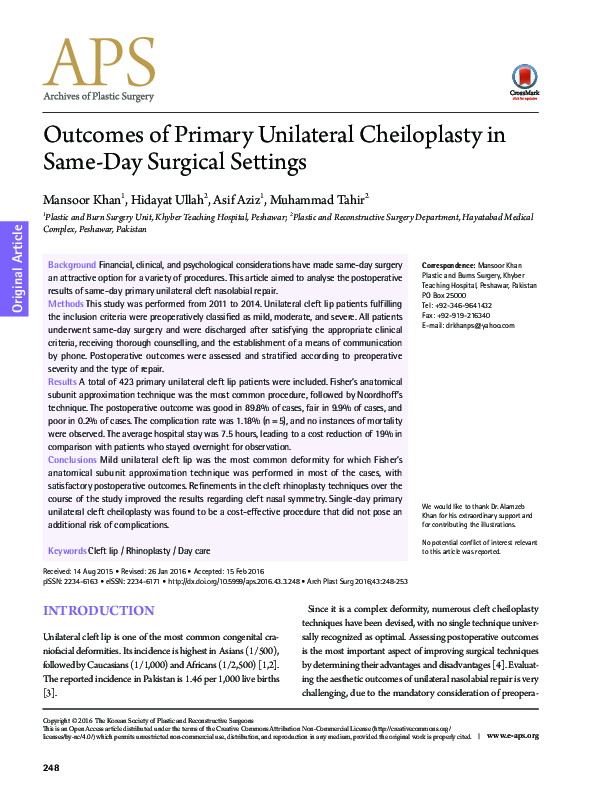 (PDF) Outcomes of Primary Unilateral Cheiloplasty in Same-Day Surgical ...