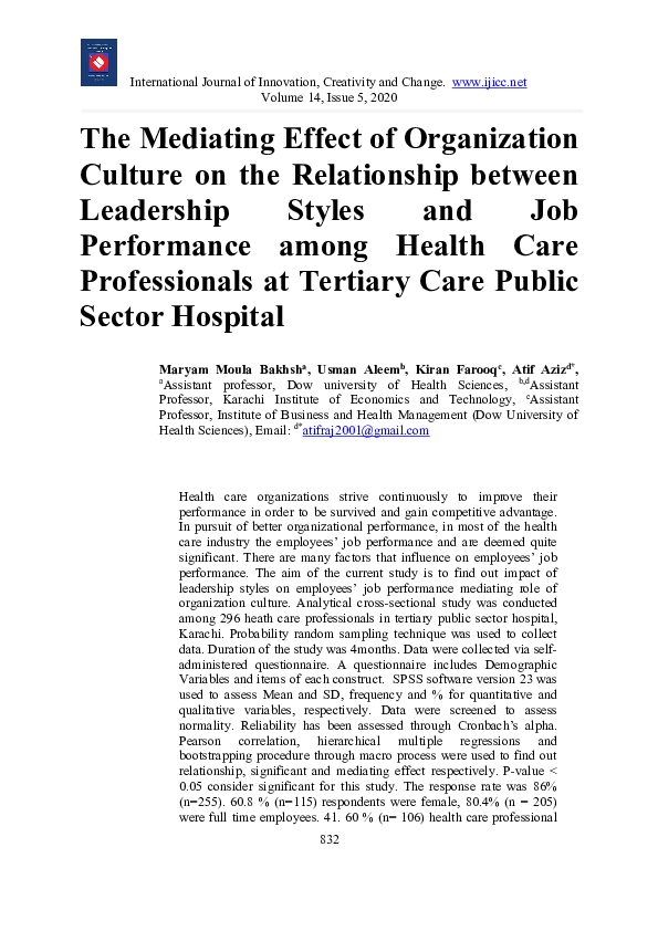 (PDF) The Mediating Effect of Organization Culture on the Relationship between Leadership Styles ...