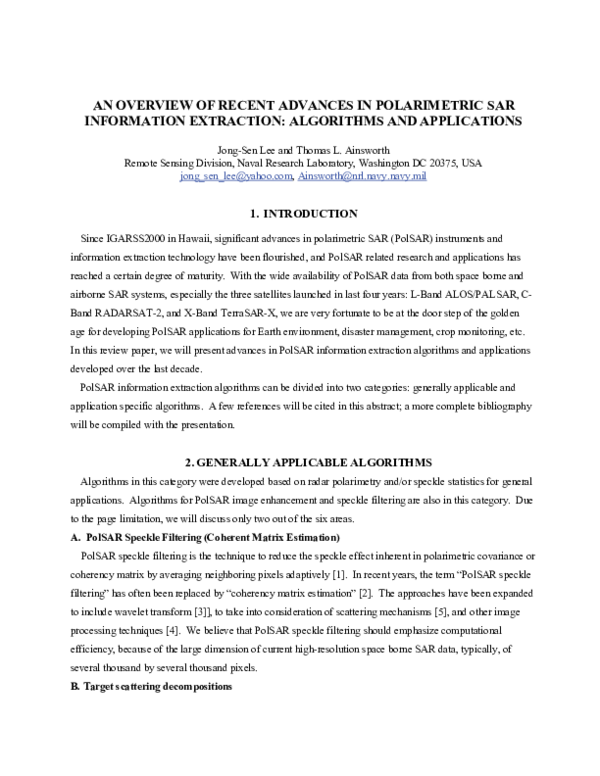 (PDF) An overview of recent advances in Polarimetric SAR information extraction: Algorithms and ...