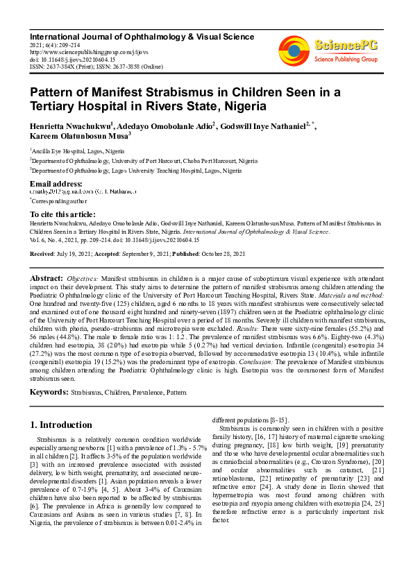 (PDF) Pattern of Manifest Strabismus in Children Seen in a Tertiary ...