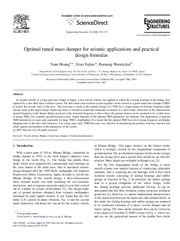 (PDF) Optimal tuned mass damper for seismic applications and practical design formulas