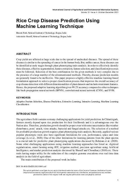 (PDF) Rice Crop Disease Prediction Using Machine Learning Technique