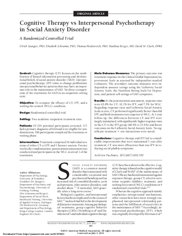 (PDF) Cognitive therapy vs interpersonal psychotherapy in social ...