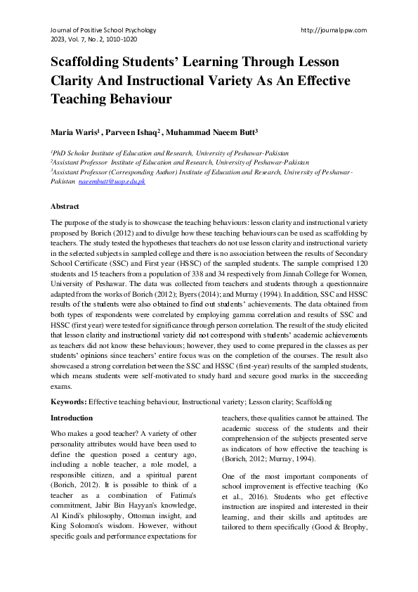 (PDF) Scaffolding Students' Learning Through Lesson Clarity And Instructional Variety As An ...
