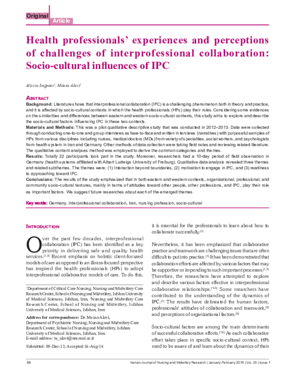 (PDF) Health professionals' experiences and perceptions of challenges of interprofessional ...