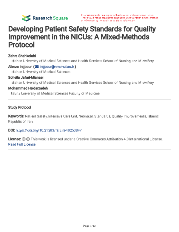(PDF) Developing Patient Safety Standards for Quality Improvement in ...