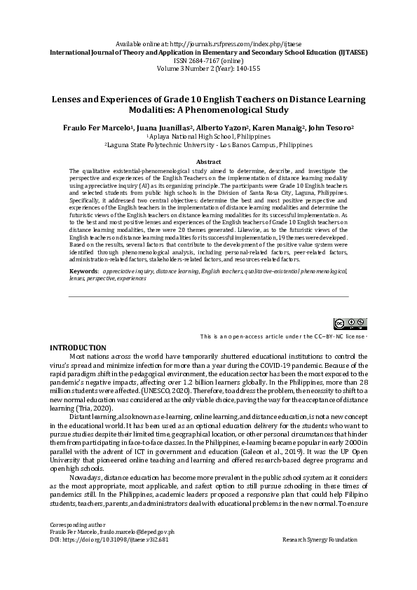 (PDF) Lenses and Experiences of Grade 10 English Teachers on Distance ...