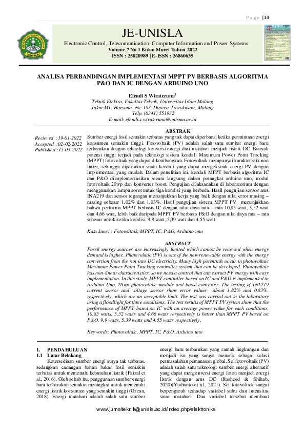 (PDF) Analisa Perbandingan Implementasi MPPT PV Berbasis Algoritma P&O dan IC dengan Arduino Uno