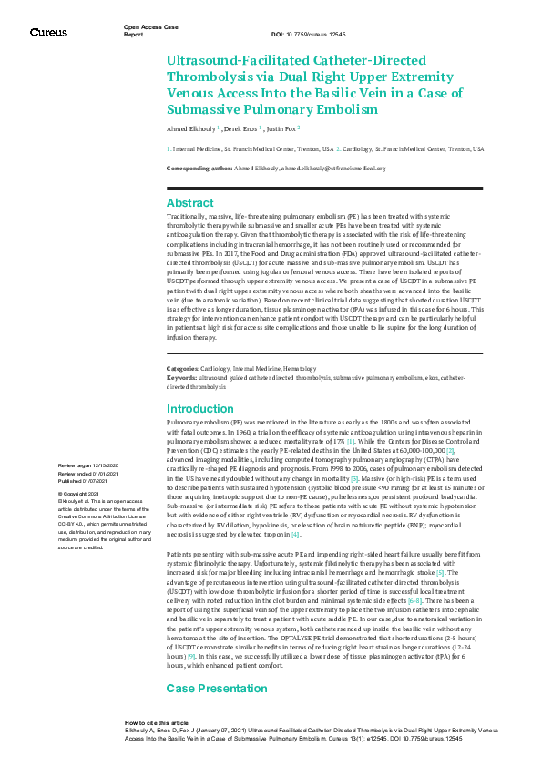 (PDF) Ultrasound-Facilitated Catheter-Directed Thrombolysis via Dual ...