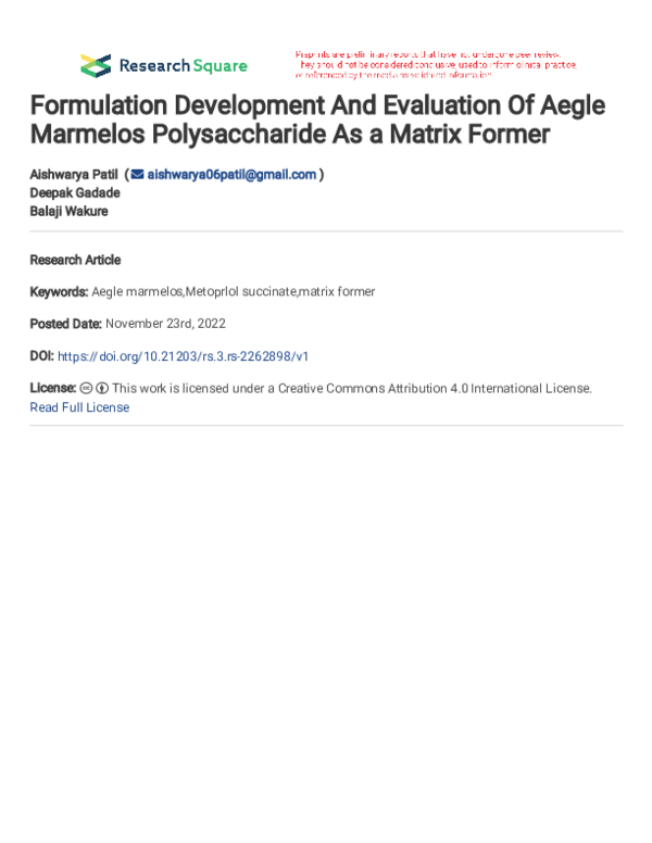 (PDF) Formulation Development And Evaluation Of Aegle Marmelos Polysaccharide As a Matrix Former