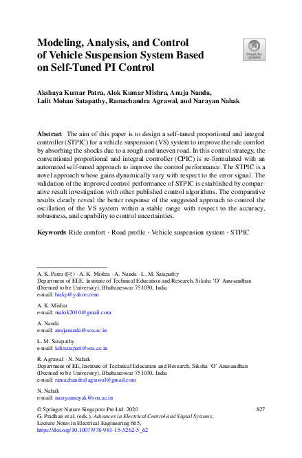 (PDF) Modeling, Analysis, and Control of Vehicle Suspension System Based on Self-Tuned PI Control