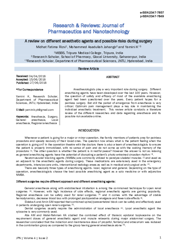 Pdf A Review On Different Anesthetic Agents And Possible Risks During Surgery