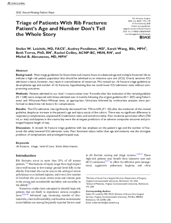 (PDF) Triage of Patients With Rib Fractures | Sarah Wang - Academia.edu