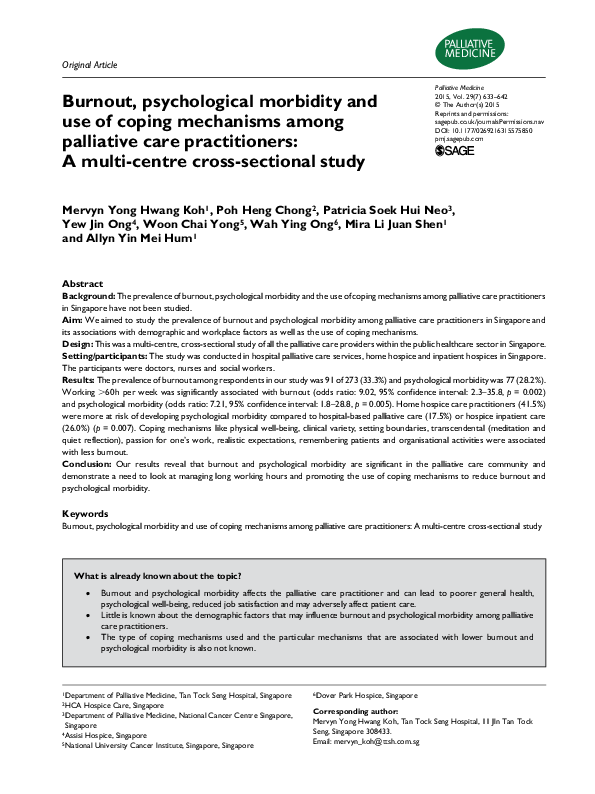 (PDF) Burnout, psychological morbidity and use of coping mechanisms ...