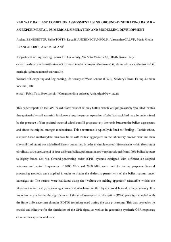 (PDF) Railway ballast condition assessment using ground-penetrating radar – An experimental ...