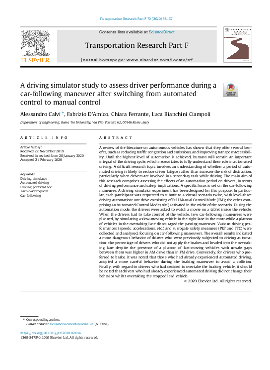 (PDF) A driving simulator study to assess driver performance during a ...