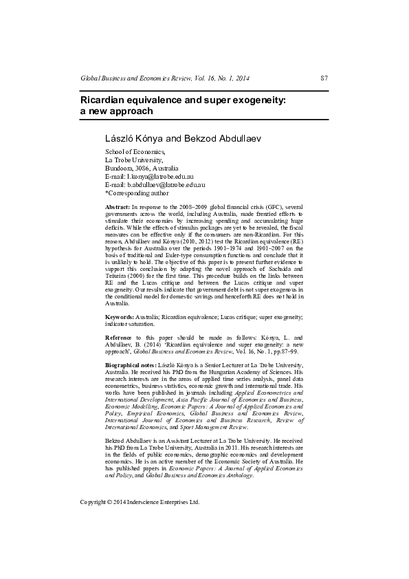 (PDF) Ricardian equivalence and super exogeneity: a new approach