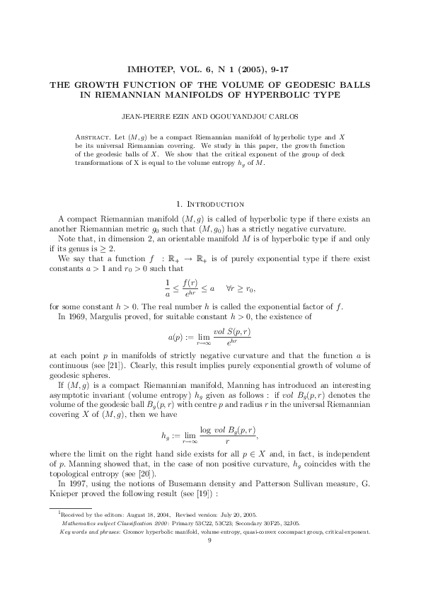 (PDF) The Growth Function of the Volume of Geodesic Balls in Riemannian ...