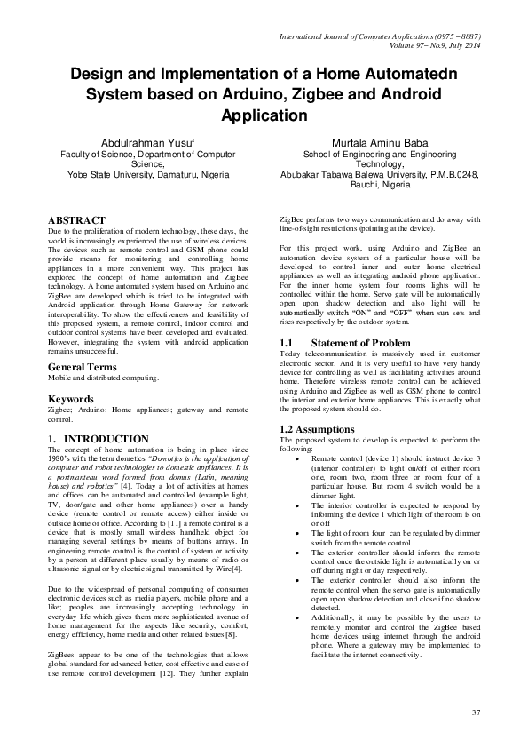 Pdf Design And Implementation Of A Home Automated System Based On Arduino Zigbee And Android