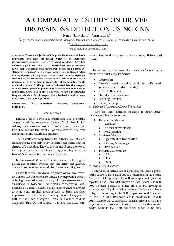 (DOC) A COMPARATIVE STUDY ON DRIVER DROWSINESS DETECTION USING CNN