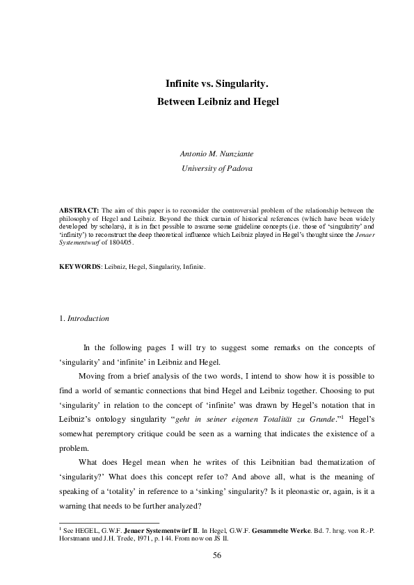 (PDF) Infinite vs. Singularity. Between Leibniz and Hegel